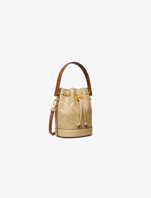 Tory Burch Mini T Monogram Perforated Leather Bucket Bag In Almond ...